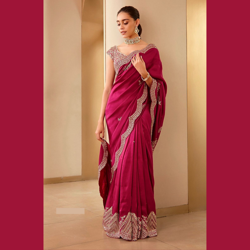 Rani Pink Silk saree embellished with Sequin in border & unstitched bl ...